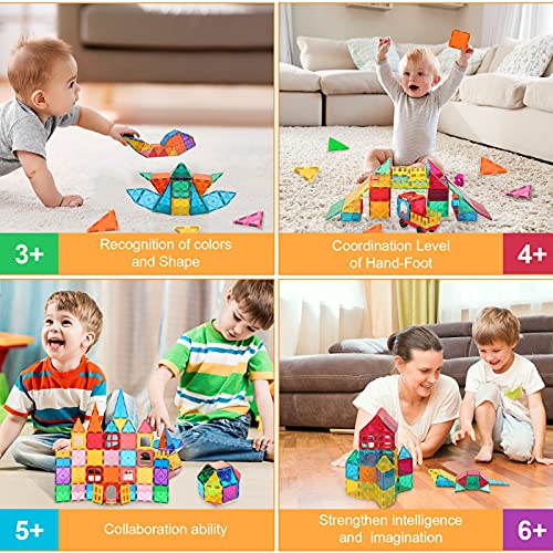 LATI 130 pcs Magnetic Tiles, Magnet Building Blocks for Kids STEM Construction Set Clear Imagination Inspirational Educational Toddler Boys Girls Kids Toys for 3 4 5 6 7 8 Years with 2 Cars