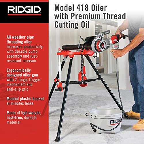 RIDGID 10883 Model 418 Oiler with Premium Thread Cutting Oil, Silver & Mophorn 460-6 Tripod Pipe Chain Vise 1/8"-6" Capacity,Pipe Stand Portable Foldable Steel Legs,Pipe Jack Stands w/Tool Tray