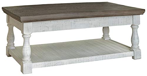 Signature Design by Ashley Havalance Farmhouse Lift Top Coffee Table with Fixed Shelf and 2 Hidden Storage Trays, Gray & White with Weathered Finish