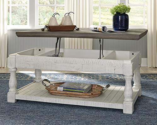 Signature Design by Ashley Havalance Farmhouse Lift Top Coffee Table with Fixed Shelf and 2 Hidden Storage Trays, Gray & White with Weathered Finish