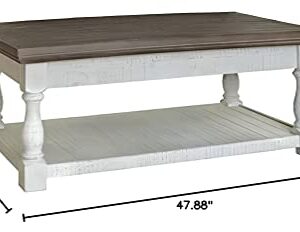 Signature Design by Ashley Havalance Farmhouse Lift Top Coffee Table with Fixed Shelf and 2 Hidden Storage Trays, Gray & White with Weathered Finish