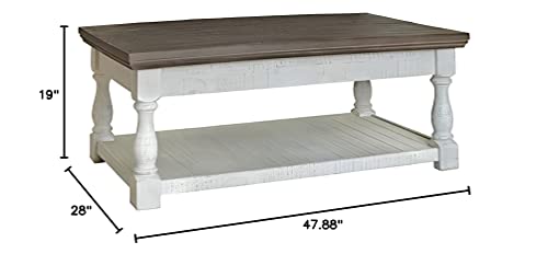 Signature Design by Ashley Havalance Farmhouse Lift Top Coffee Table with Fixed Shelf and 2 Hidden Storage Trays, Gray & White with Weathered Finish