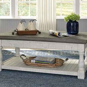 Signature Design by Ashley Havalance Farmhouse Lift Top Coffee Table with Fixed Shelf and 2 Hidden Storage Trays, Gray & White with Weathered Finish