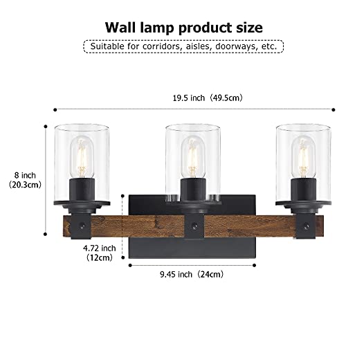 DUJAHMLAND Farmhouse Vanity Light Fixture,3-Light Bathroom Wood Wall Light Over Mirror with Clear Glass Shade, Rustic Vintage Wall Sconce Lighting.(Antique Wood, 3-Light)