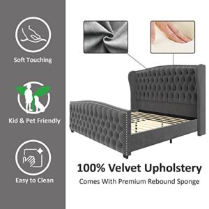 AMERLIFE Queen Size Platform Bed Frame, Velvet Upholstered Bed with Deep Button Tufted & Nailhead Trim Wingback Headboard/No Box Spring Needed/Grey