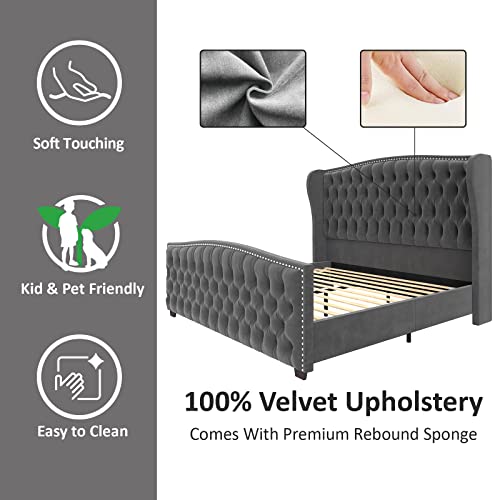 AMERLIFE Queen Size Platform Bed Frame, Velvet Upholstered Bed with Deep Button Tufted & Nailhead Trim Wingback Headboard/No Box Spring Needed/Grey