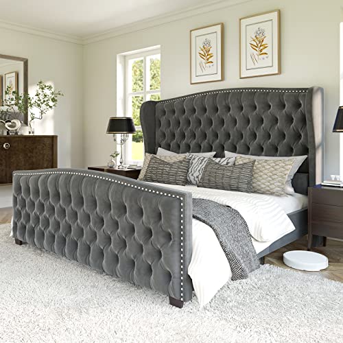 AMERLIFE Queen Size Platform Bed Frame, Velvet Upholstered Bed with Deep Button Tufted & Nailhead Trim Wingback Headboard/No Box Spring Needed/Grey