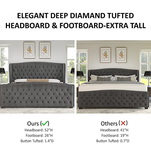 AMERLIFE Queen Size Platform Bed Frame, Velvet Upholstered Bed with Deep Button Tufted & Nailhead Trim Wingback Headboard/No Box Spring Needed/Grey