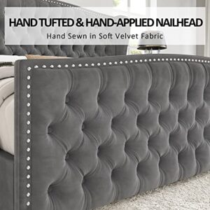 AMERLIFE Queen Size Platform Bed Frame, Velvet Upholstered Bed with Deep Button Tufted & Nailhead Trim Wingback Headboard/No Box Spring Needed/Grey