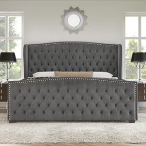 AMERLIFE Queen Size Platform Bed Frame, Velvet Upholstered Bed with Deep Button Tufted & Nailhead Trim Wingback Headboard/No Box Spring Needed/Grey