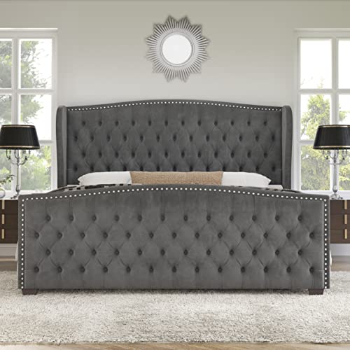 AMERLIFE Queen Size Platform Bed Frame, Velvet Upholstered Bed with Deep Button Tufted & Nailhead Trim Wingback Headboard/No Box Spring Needed/Grey