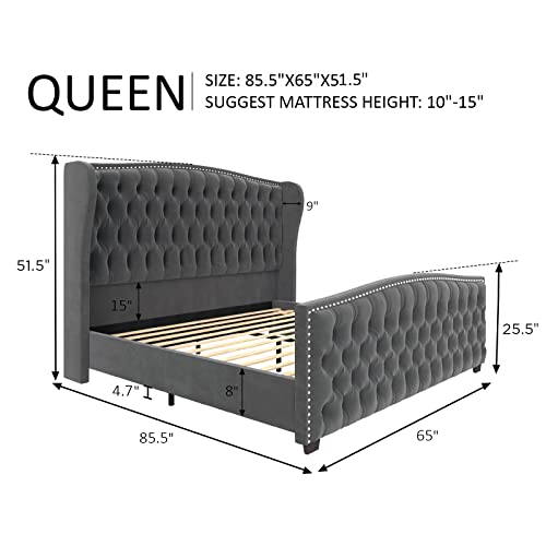 AMERLIFE Queen Size Platform Bed Frame, Velvet Upholstered Bed with Deep Button Tufted & Nailhead Trim Wingback Headboard/No Box Spring Needed/Grey