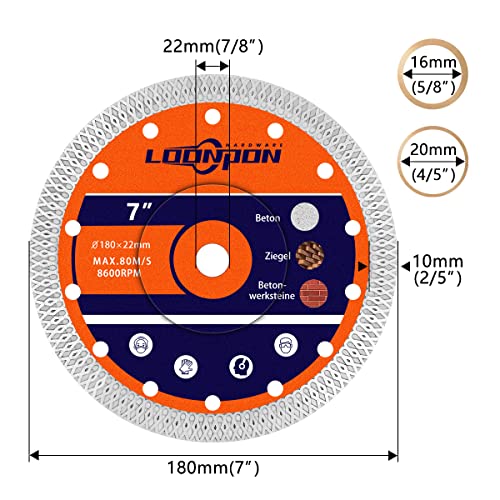 7 Inch Super Thin Diamond Tile Blade Porcelain Cutting Blade, Dry or Wet Cutting Ceramic Granite Marble