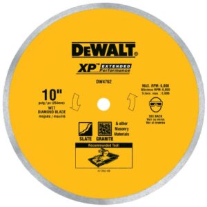 dewalt diamond blade for porcelain or tile, wet cutting, continuous rim, 5/8-inch arbor, 10-inch (dw4762)