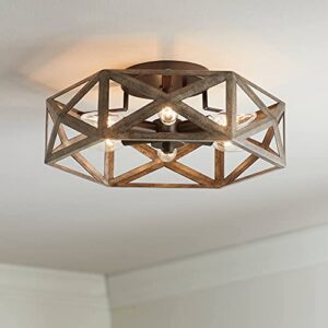 Possini Euro Design Moorcroft Rustic Farmhouse Ceiling Light Semi Flush-Mount Fixture 14 1/2" Wide Dark Wood Oil Rubbed Bronze 6-Light Open Hexagon Frame for Bedroom Kitchen Living Room Hallway