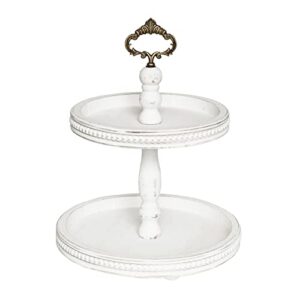 2 Tiered Tray Wooden Serving Stand by Felt Creative Home Goods. Small Shabby Chic Beaded Tray for Home Decor Display Farmhouse Country Decoration Kitchen or Dining. Includes 3 Custom Handles (White)