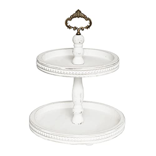 2 Tiered Tray Wooden Serving Stand by Felt Creative Home Goods. Small Shabby Chic Beaded Tray for Home Decor Display Farmhouse Country Decoration Kitchen or Dining. Includes 3 Custom Handles (White)