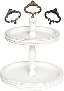 2 tiered tray wooden serving stand by felt creative home goods. small shabby chic beaded tray for home decor display farmhouse country decoration kitchen or dining. includes 3 custom handles (white)