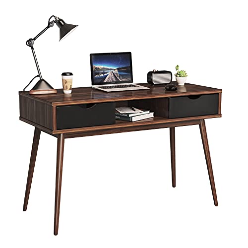 Tangkula Mid Century Desk with Drawers, Writing Computer Desk with Spacious Desktop & Sturdy Construction, Compact Laptop Table Workstation, Desk for Bedroom Home Office (Walnut)