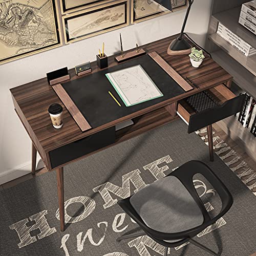 Tangkula Mid Century Desk with Drawers, Writing Computer Desk with Spacious Desktop & Sturdy Construction, Compact Laptop Table Workstation, Desk for Bedroom Home Office (Walnut)