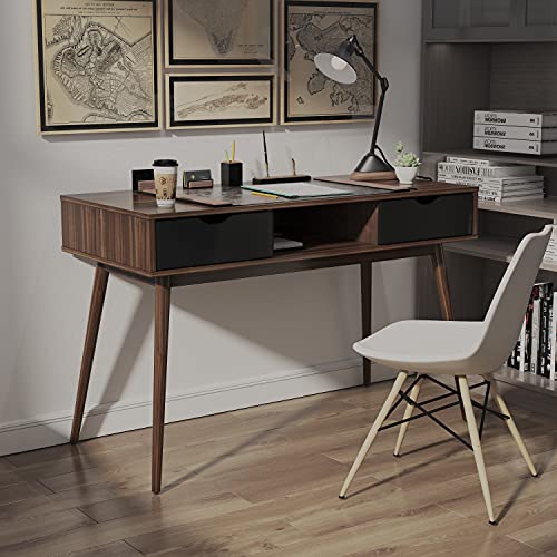 Tangkula Mid Century Desk with Drawers, Writing Computer Desk with Spacious Desktop & Sturdy Construction, Compact Laptop Table Workstation, Desk for Bedroom Home Office (Walnut)