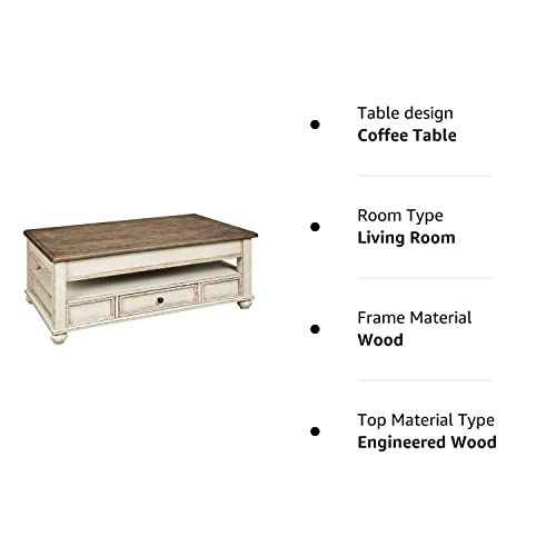 Signature Design by Ashley Realyn Vintage Farmhouse Rectangular Lift Top Coffee Table with Storage Drawer, White & Brown