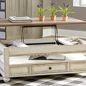 Signature Design by Ashley Realyn Vintage Farmhouse Rectangular Lift Top Coffee Table with Storage Drawer, White & Brown