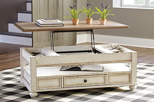 Signature Design by Ashley Realyn Vintage Farmhouse Rectangular Lift Top Coffee Table with Storage Drawer, White & Brown