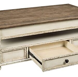 Signature Design by Ashley Realyn Vintage Farmhouse Rectangular Lift Top Coffee Table with Storage Drawer, White & Brown