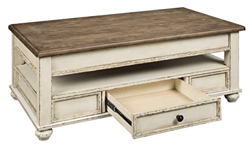 Signature Design by Ashley Realyn Vintage Farmhouse Rectangular Lift Top Coffee Table with Storage Drawer, White & Brown