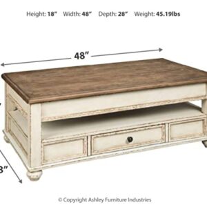 Signature Design by Ashley Realyn Vintage Farmhouse Rectangular Lift Top Coffee Table with Storage Drawer, White & Brown