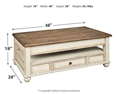 Signature Design by Ashley Realyn Vintage Farmhouse Rectangular Lift Top Coffee Table with Storage Drawer, White & Brown