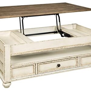 Signature Design by Ashley Realyn Vintage Farmhouse Rectangular Lift Top Coffee Table with Storage Drawer, White & Brown