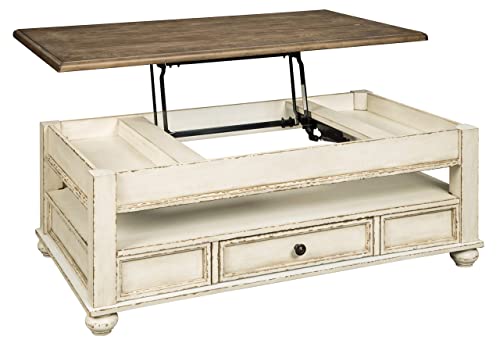 Signature Design by Ashley Realyn Vintage Farmhouse Rectangular Lift Top Coffee Table with Storage Drawer, White & Brown