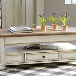 Signature Design by Ashley Realyn Vintage Farmhouse Rectangular Lift Top Coffee Table with Storage Drawer, White & Brown