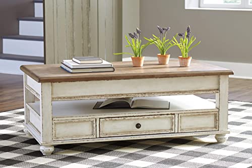 Signature Design by Ashley Realyn Vintage Farmhouse Rectangular Lift Top Coffee Table with Storage Drawer, White & Brown