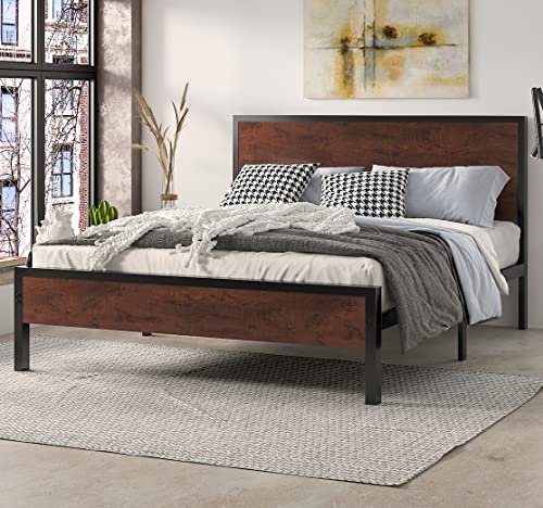 SHA CERLIN Queen Bed Frame with Headboard, Heavy Duty Platform Bed with Under-Bed Storage, Solid Wood Slats & Metal Construction, No Box Spring Needed, Easy Assembly, Saddle Brown