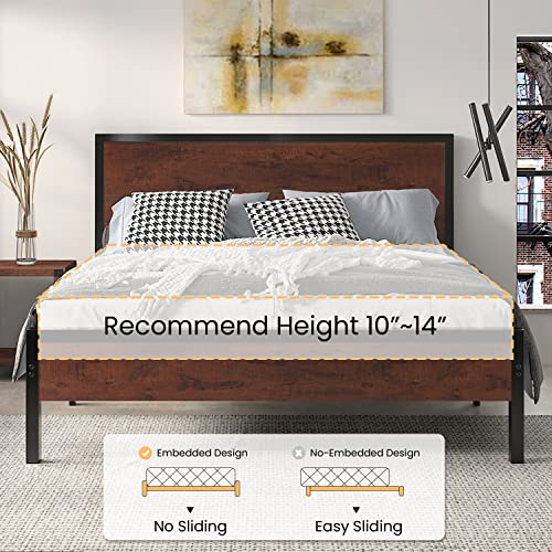 SHA CERLIN Queen Bed Frame with Headboard, Heavy Duty Platform Bed with Under-Bed Storage, Solid Wood Slats & Metal Construction, No Box Spring Needed, Easy Assembly, Saddle Brown