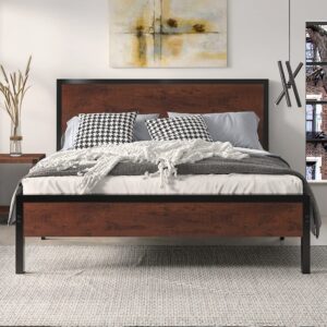 SHA CERLIN Queen Bed Frame with Headboard, Heavy Duty Platform Bed with Under-Bed Storage, Solid Wood Slats & Metal Construction, No Box Spring Needed, Easy Assembly, Saddle Brown