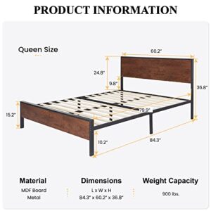 SHA CERLIN Queen Bed Frame with Headboard, Heavy Duty Platform Bed with Under-Bed Storage, Solid Wood Slats & Metal Construction, No Box Spring Needed, Easy Assembly, Saddle Brown