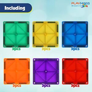 Playmags Magnetic Tiles, 30-Piece Magnet Squares Expansion Set, Construction Building Blocks, Starter Set for Kids Ages 3+