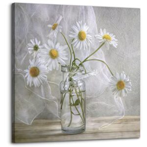 wuhu qifei bathroom wall decor flower canvas wall art modern gallery wall decor print white daisy flower in bottle theme picture artwork for walls ready to hang for kitchen bedroom decor size 14×14