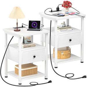 ecoprsio nightstand set of 2 with charging station, end table bedside table with usb ports, modern nightstands with drawers storage shelf, wood night stands for bedroom, living room, sofa couch, white