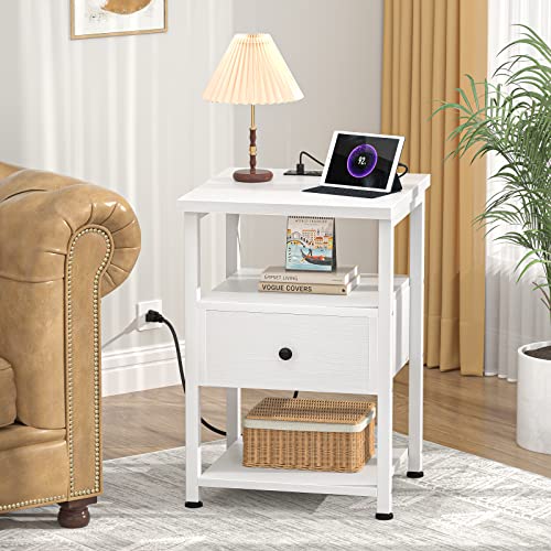 Ecoprsio Nightstand Set of 2 with Charging Station, End Table Bedside Table with USB Ports, Modern Nightstands with Drawers Storage Shelf, Wood Night Stands for Bedroom, Living Room, Sofa Couch, White