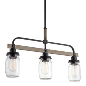 kira home stapleton 25″ 3-light modern farmhouse kitchen island light + jar style glass shades, smoked birch wood style + black finish