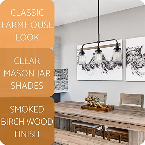 Kira Home Stapleton 25" 3-Light Modern Farmhouse Kitchen Island Light + Jar Style Glass Shades, Smoked Birch Wood Style + Black Finish