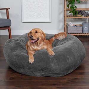 Furhaven XL Dog Bed Plush Faux Fur Beanbag-Style Ball Nest w/ Removable Washable Cover - Gray Mist, Jumbo