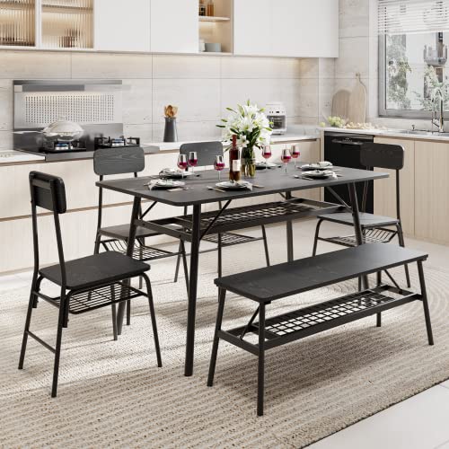 Gizoon 46'' Rectangular Dining Table Set for 6, 6-Piece Modern Dining Set for Home, Apt, 4 Chairs, Bench, Kitchen Dining Room Set w/Storage Rack for Family, Small Space, Saving Space-Black