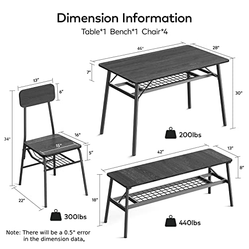 Gizoon 46'' Rectangular Dining Table Set for 6, 6-Piece Modern Dining Set for Home, Apt, 4 Chairs, Bench, Kitchen Dining Room Set w/Storage Rack for Family, Small Space, Saving Space-Black