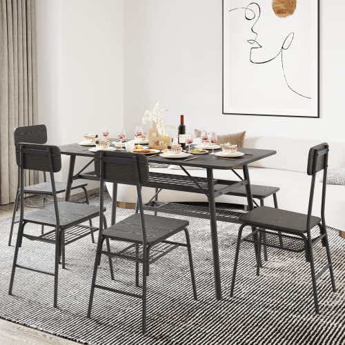 Gizoon 46'' Rectangular Dining Table Set for 6, 6-Piece Modern Dining Set for Home, Apt, 4 Chairs, Bench, Kitchen Dining Room Set w/Storage Rack for Family, Small Space, Saving Space-Black